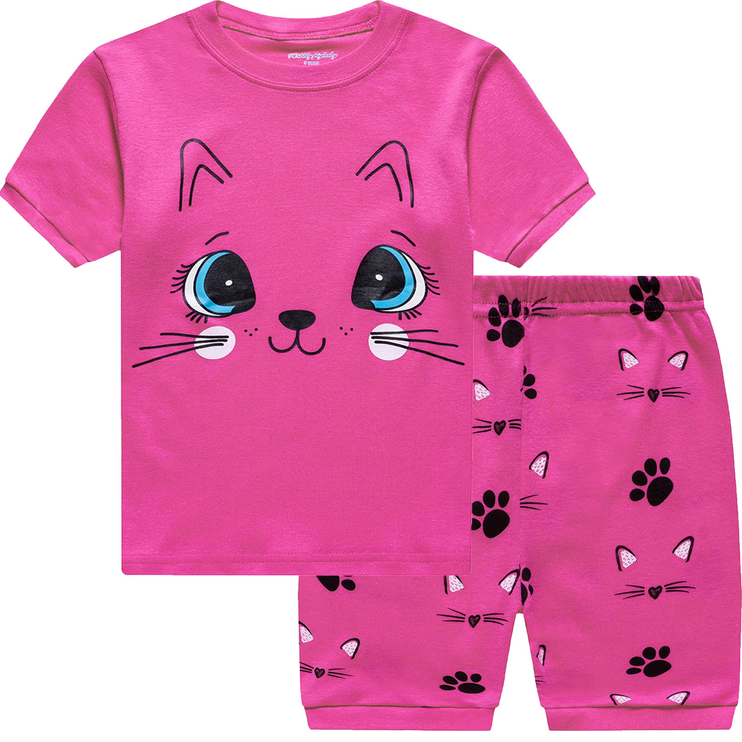 FEDPOP Toddler Girls Cat Pajamas, 100% Cotton Short Sleeve Cozy ...