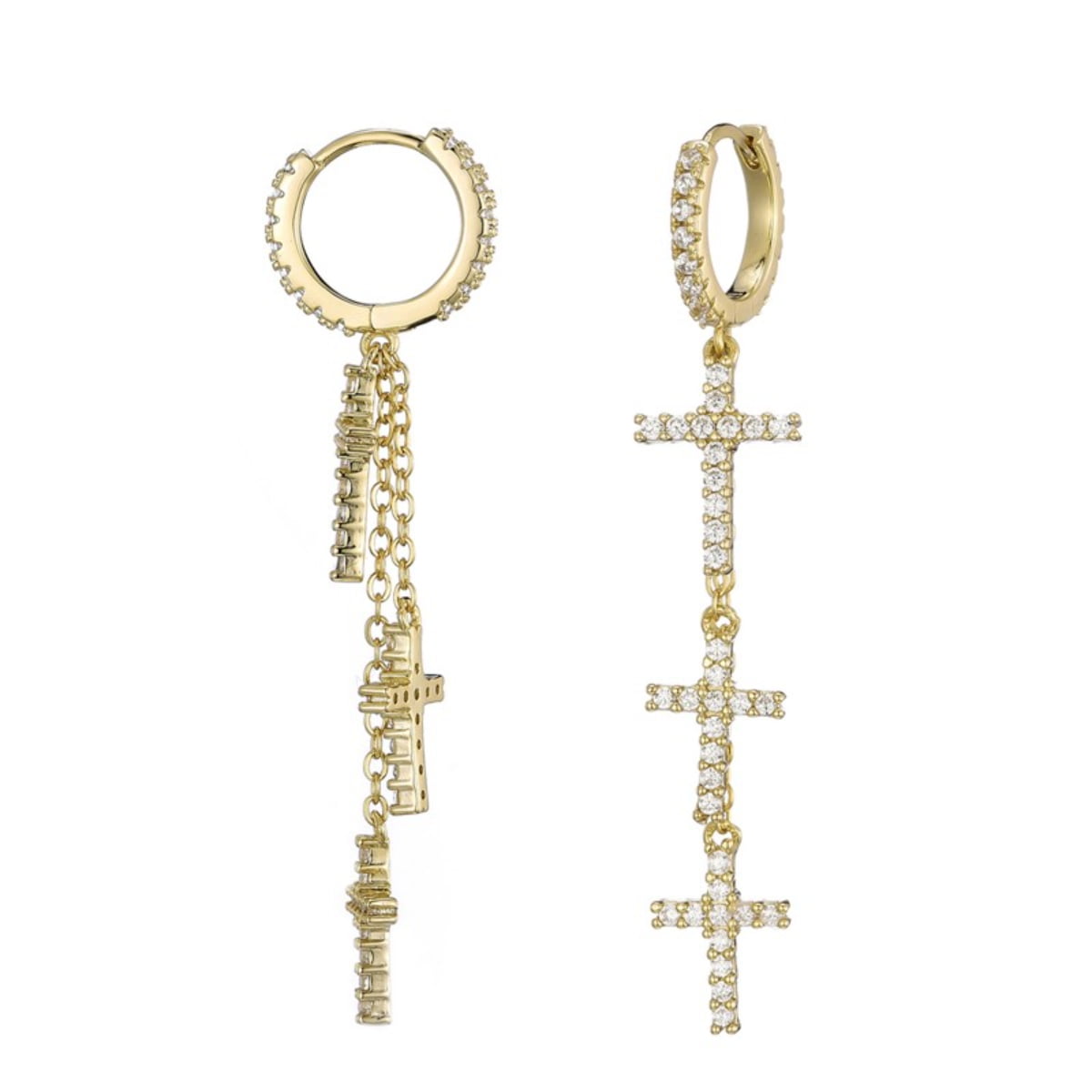 FEEL STYLE Male 14K Gold Plated Brass Zircon Long Chain Cross Earrings ...