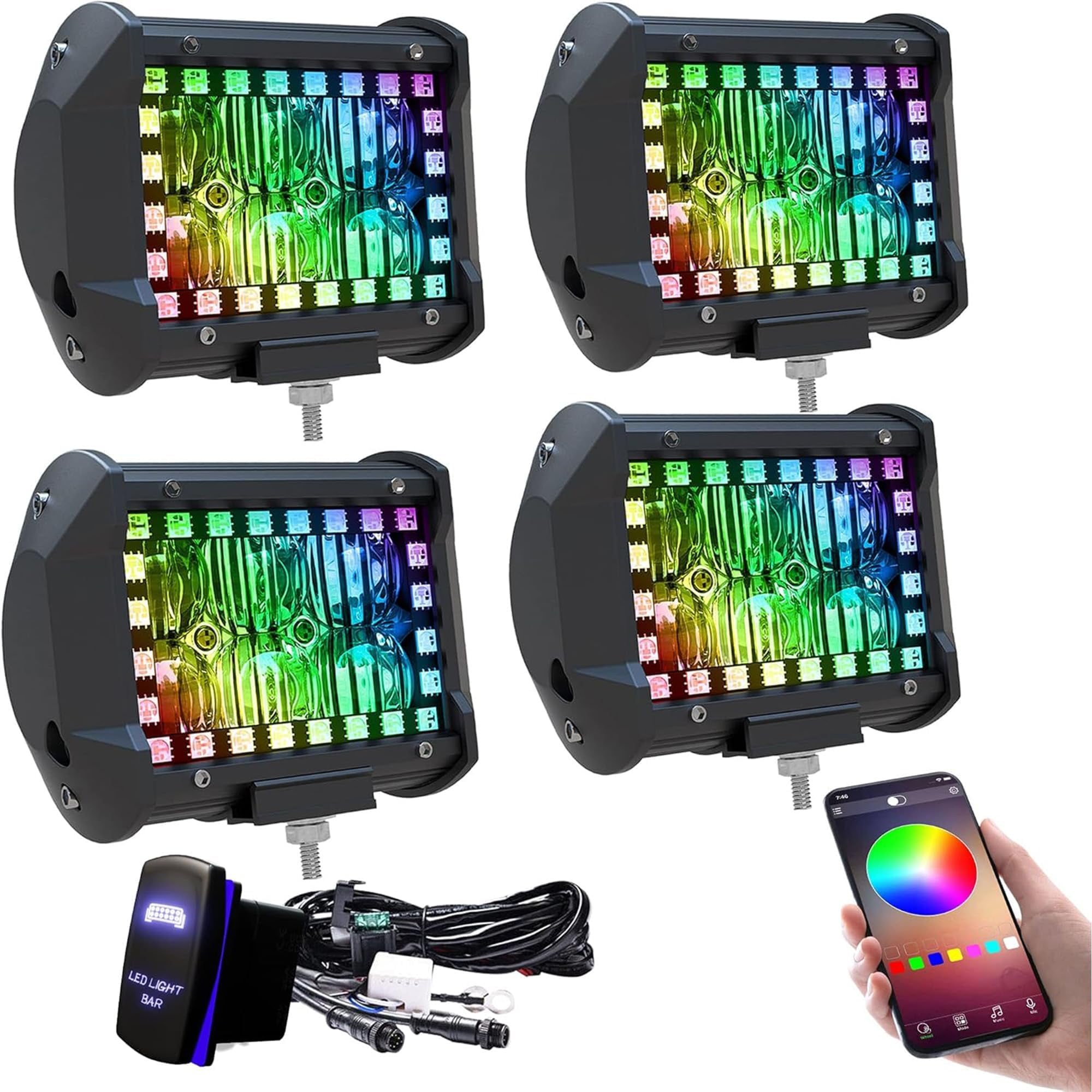 FEELON 4PCS 4" inch SSF20 LED Pods Flood Bar with Multi-Color Chasing ...