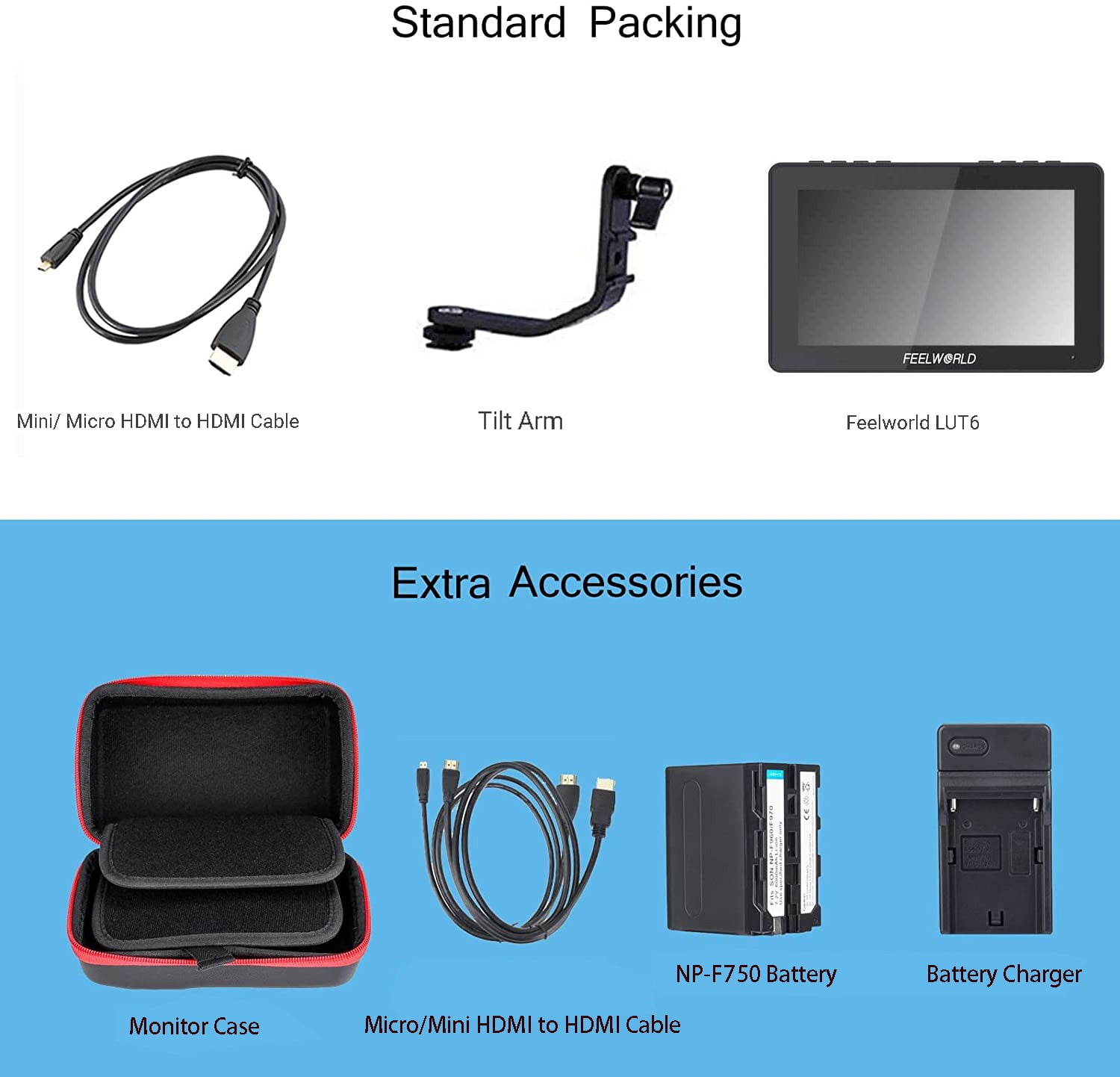 FEELWORLD LUT6 +NP-F750 Battery+ Charger+Carry Case 6 Inch 2600nits HDR ...