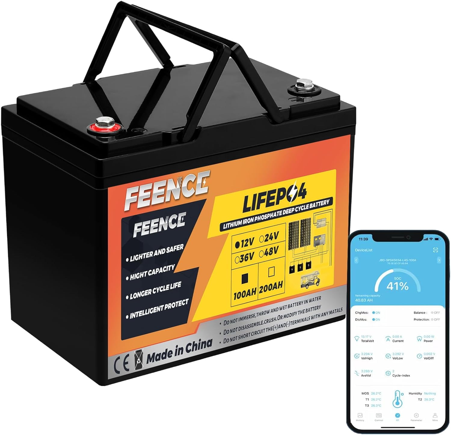 FEENCE 12V Mini Bluetooth LIFEPO4 Battery, Lithium, 100A BMS, Low Temp ...
