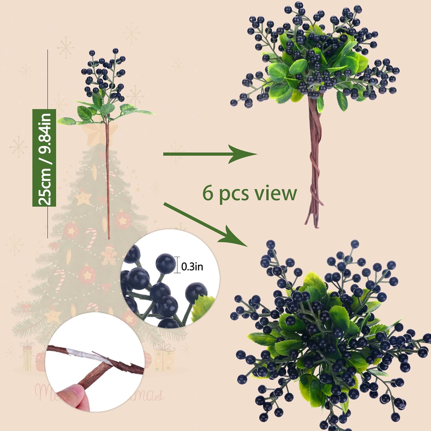 FEFEDFAA-6 Pack Artificial Black Berry Stems Fake Holly Berries ...