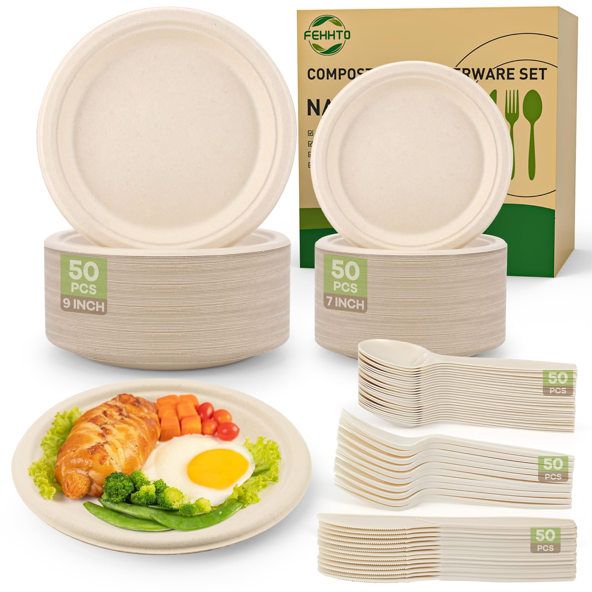 FEHHTO Compostable Paper Plates Set, 250PCS Disposable Heavy-Duty ...