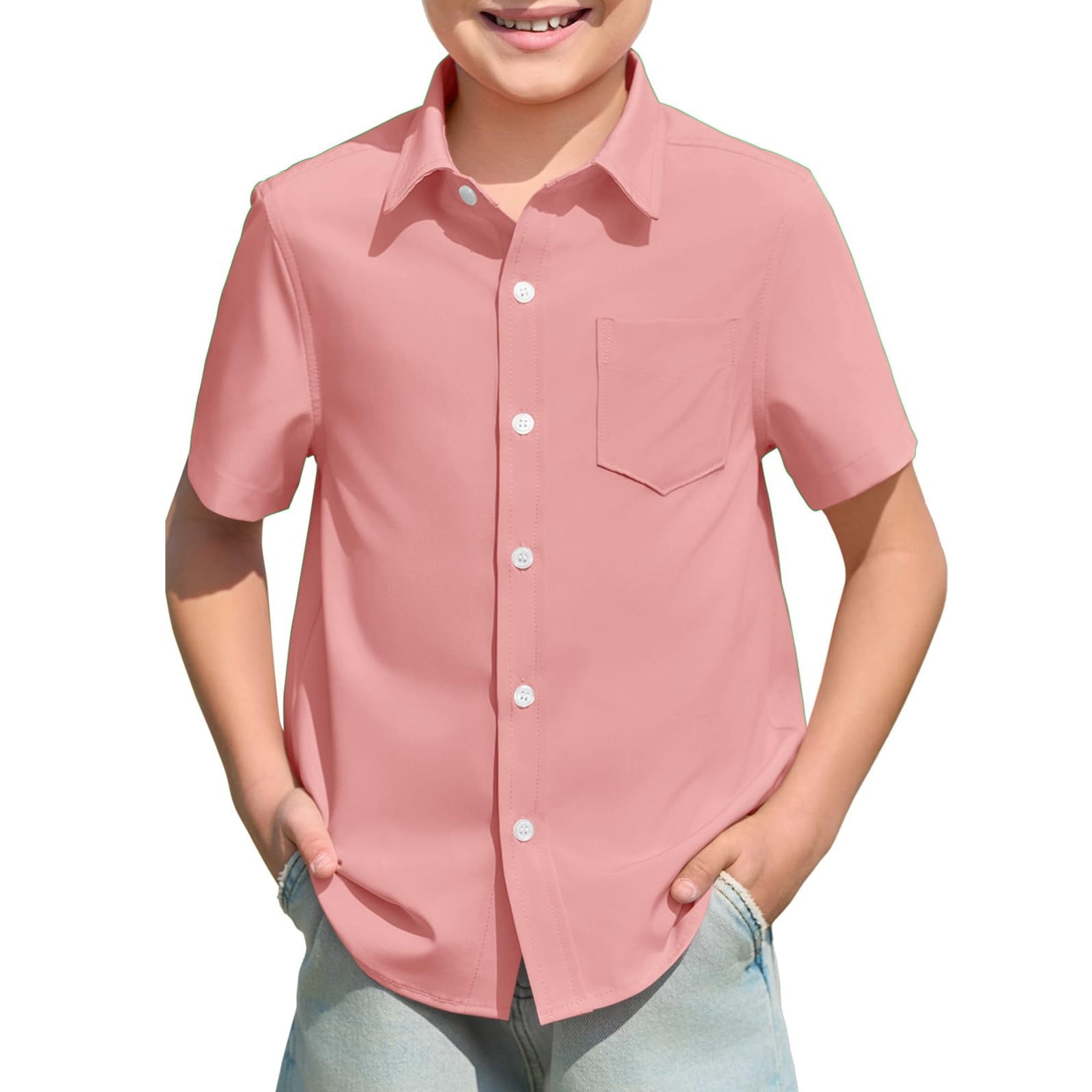 FEIFLY Child Boys Girls Button Down Pockets Shirts Short Sleeve Solid Color Blouse Tops Kids ...