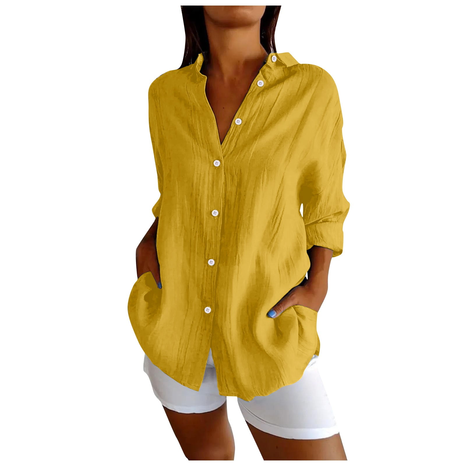 FEIFLY Classic Pleated Textured Single Lapel Shirt For Women Summer ...
