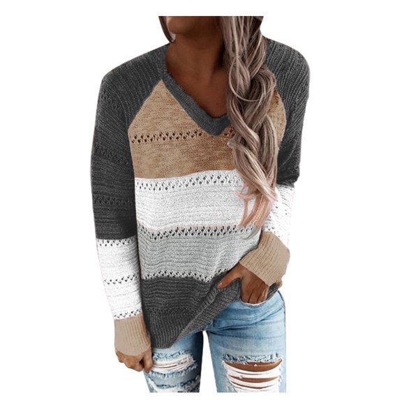 FEIFLY Fashion Women Casual Patchwork V-Neck Long Sleeve Sweater Blouse ...