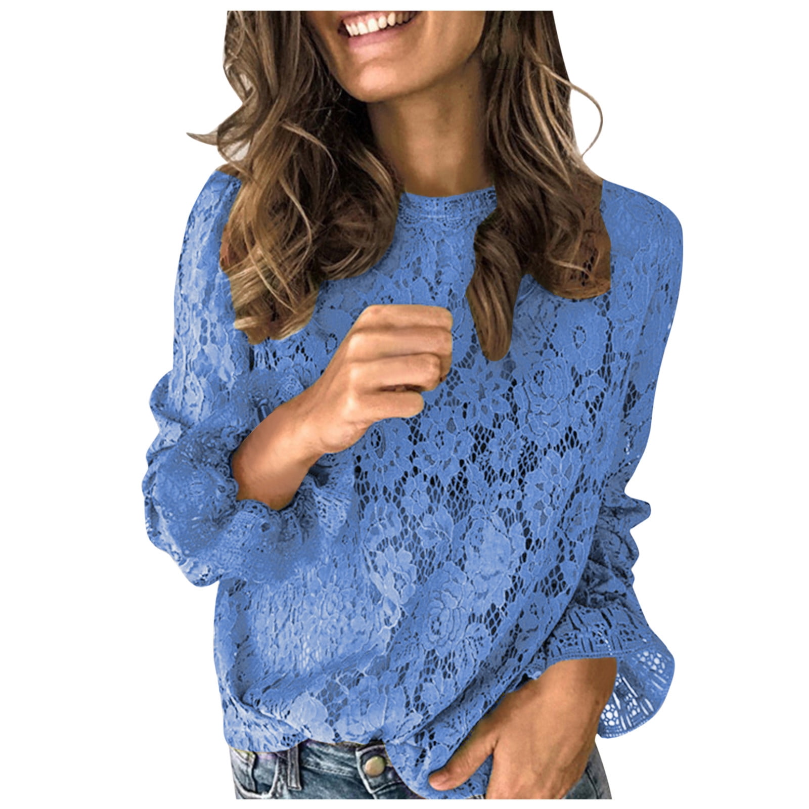 FEIFLY Fashion Women Sexy Solid Color Long Sleeve Flare Sleeve Hollow O ...