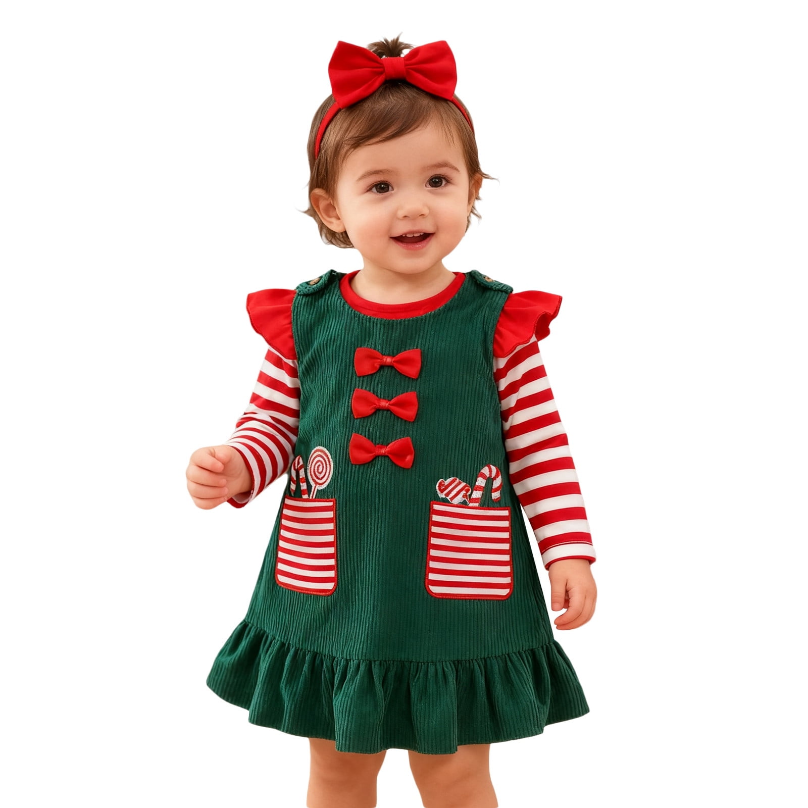 FEIFLY Festive Baby Girl Corduroy Pinafore Dress With Holiday Print ...
