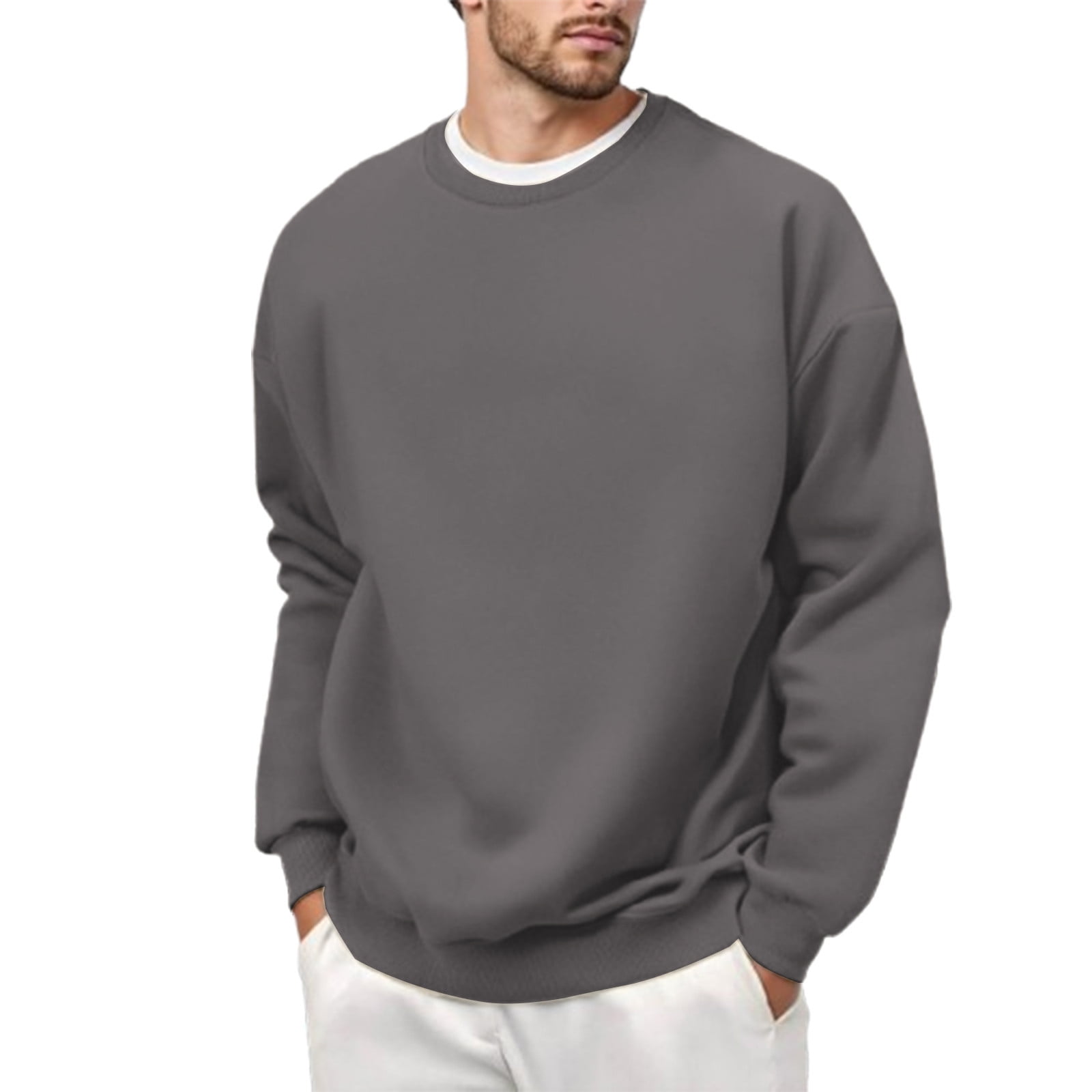 FEIFLY Men's Plush Suede Crewneck Sweatshirt Winter Warm Casual ...