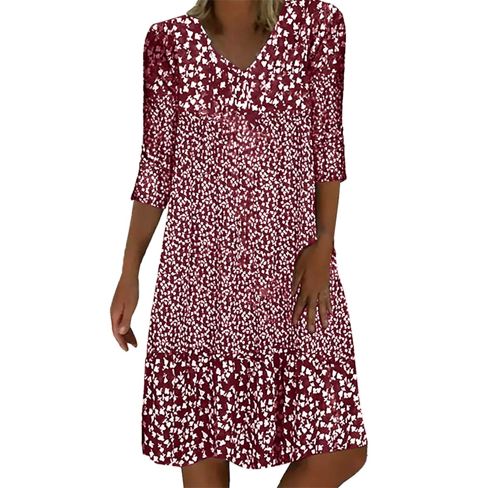 FEIFLY Mid Sleeved V-Neck Medium Length Dresses Flowy Boho Vacation ...