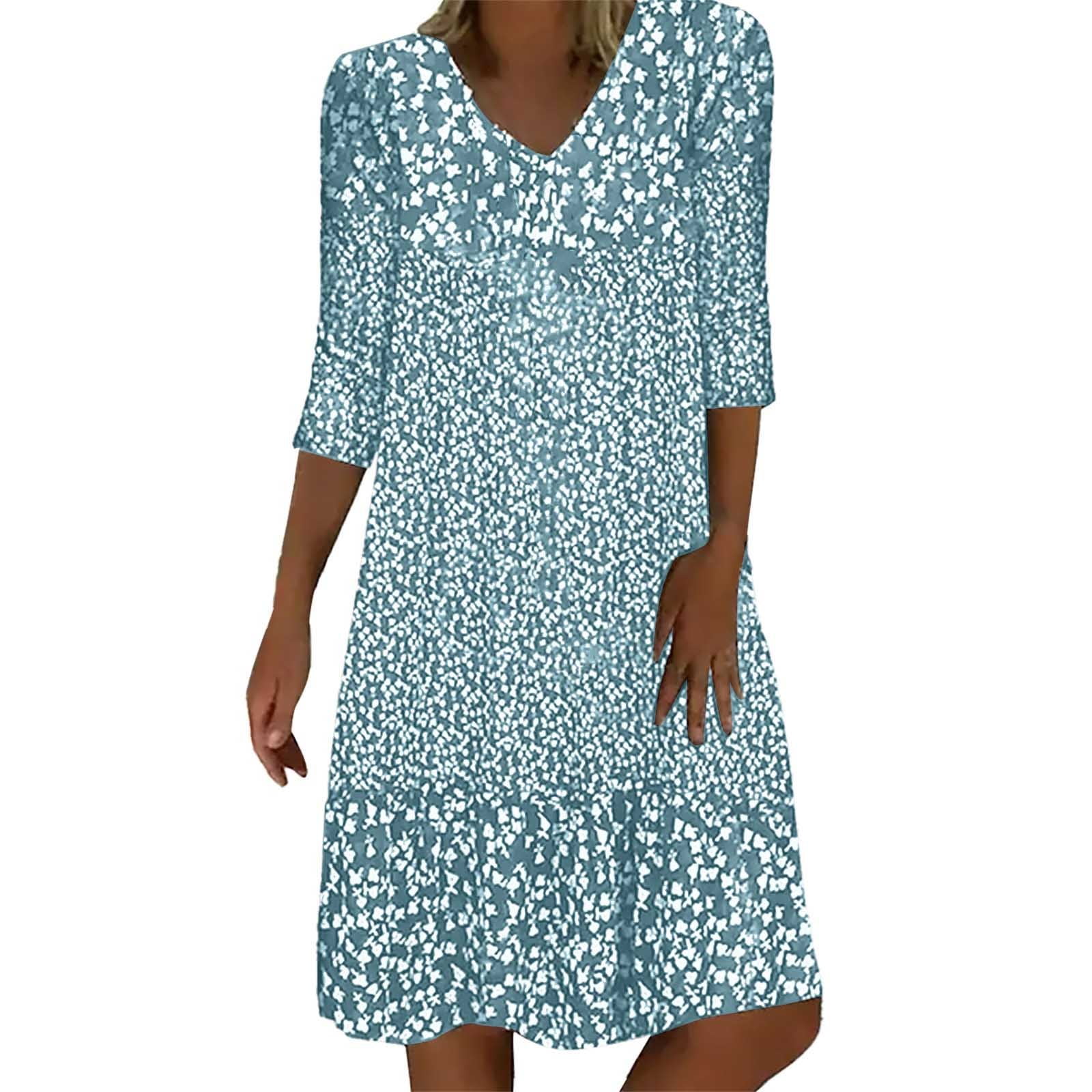FEIFLY Mid Sleeved V-Neck Medium Length Dresses Flowy Boho Vacation ...