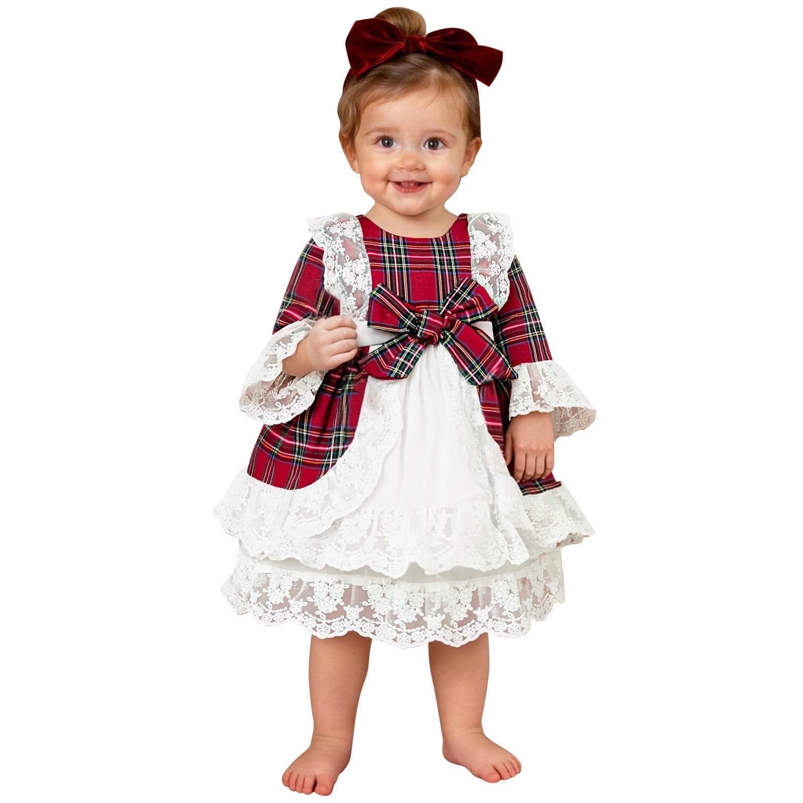 FEIFLY Outfits Sets Elegant Style Party Dress Girls Red Plaid And Floral Lace Applique Design ...