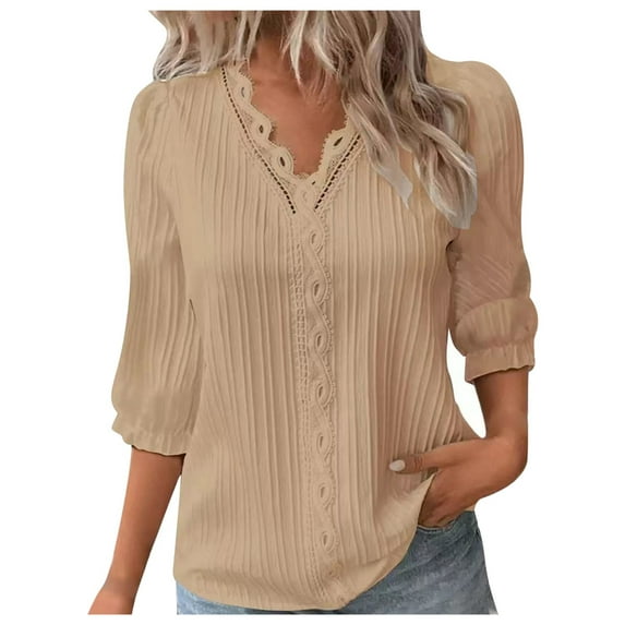 FEIFLY Spring/Summer Elegant Hollow V-Neck 3/4 Sleeve Blouse For Women ...