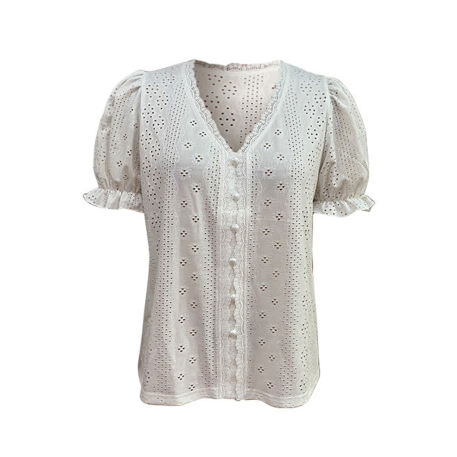 FEIFLY Spring Summer White Blouse Women Clothes Short Sleeve V Neck ...