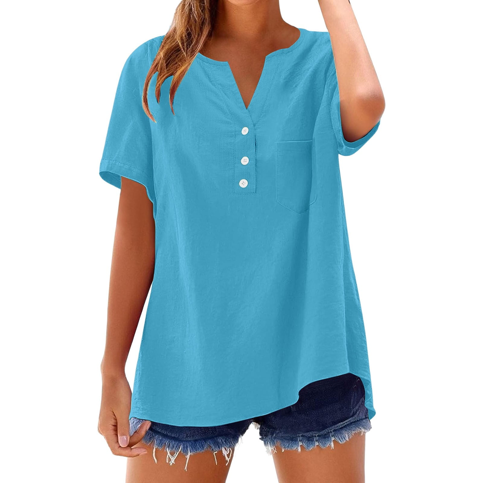 FEIFLY Stylish Women Shirts With V Neck Design Pocket Detail Short ...