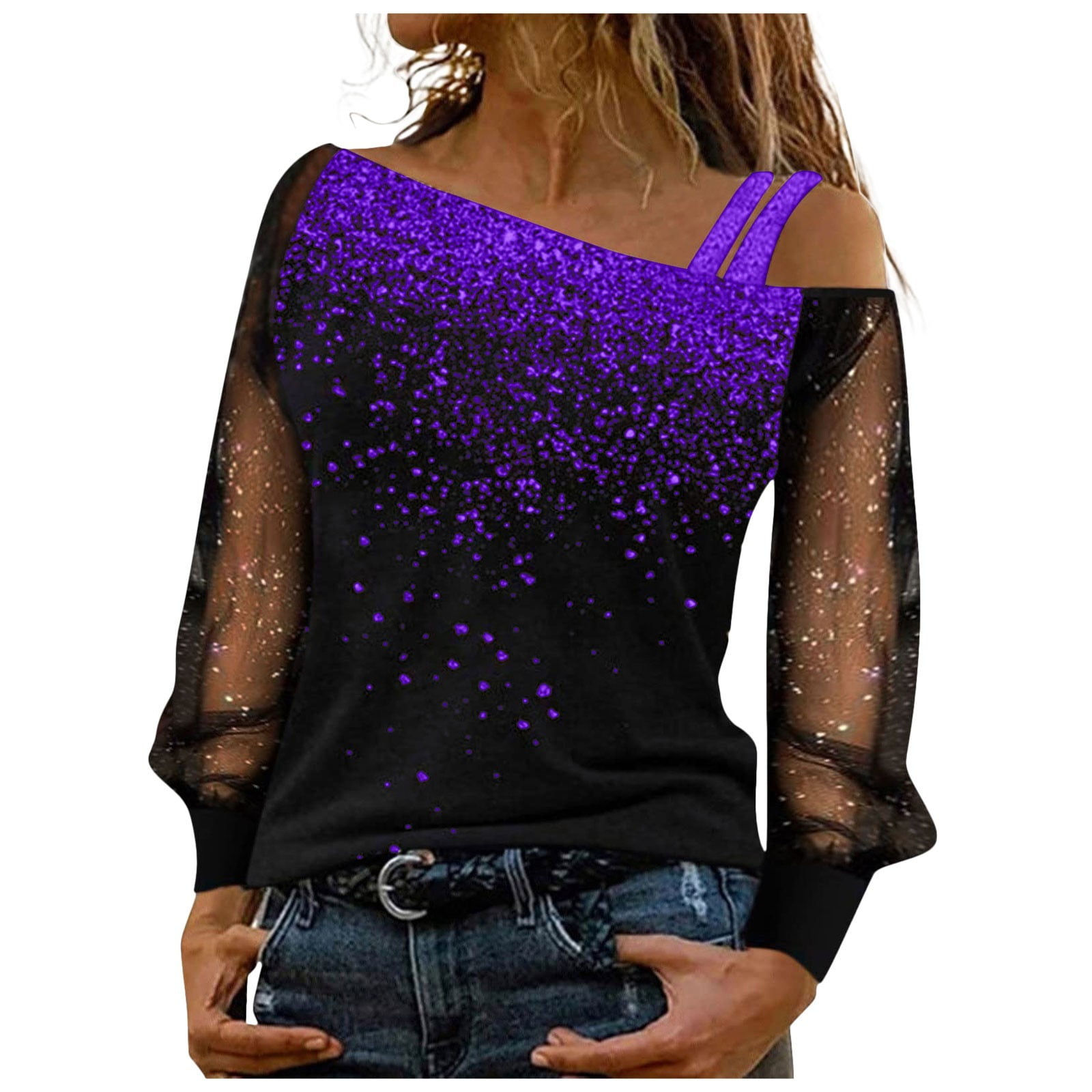 FEIFLY Tshirts Mesh Tops Loose Cold Shoulder Sequin Print T-Shirt ...