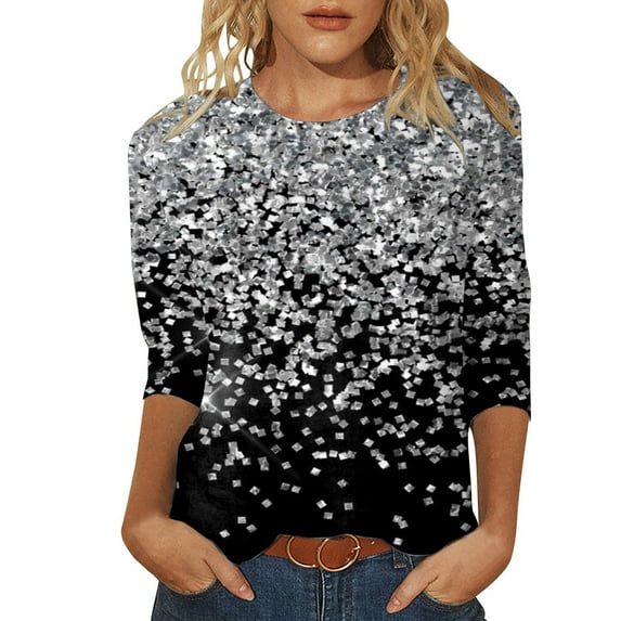 FEIFLY Tshirts Women's 3/4 Sleeved Sequin Printed Round Neck Tops T ...