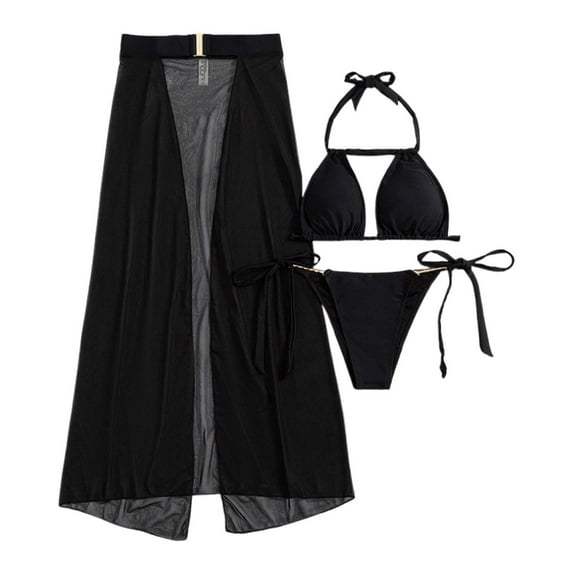 FEIFLY Women 3 Piece Tummy Control Backless Bikini Set With Sheer Skirt ...