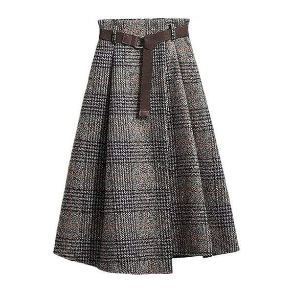 FEIFLY Women Blend Tartan Skirt With Asymmetrical Hemline Mid-Length ...