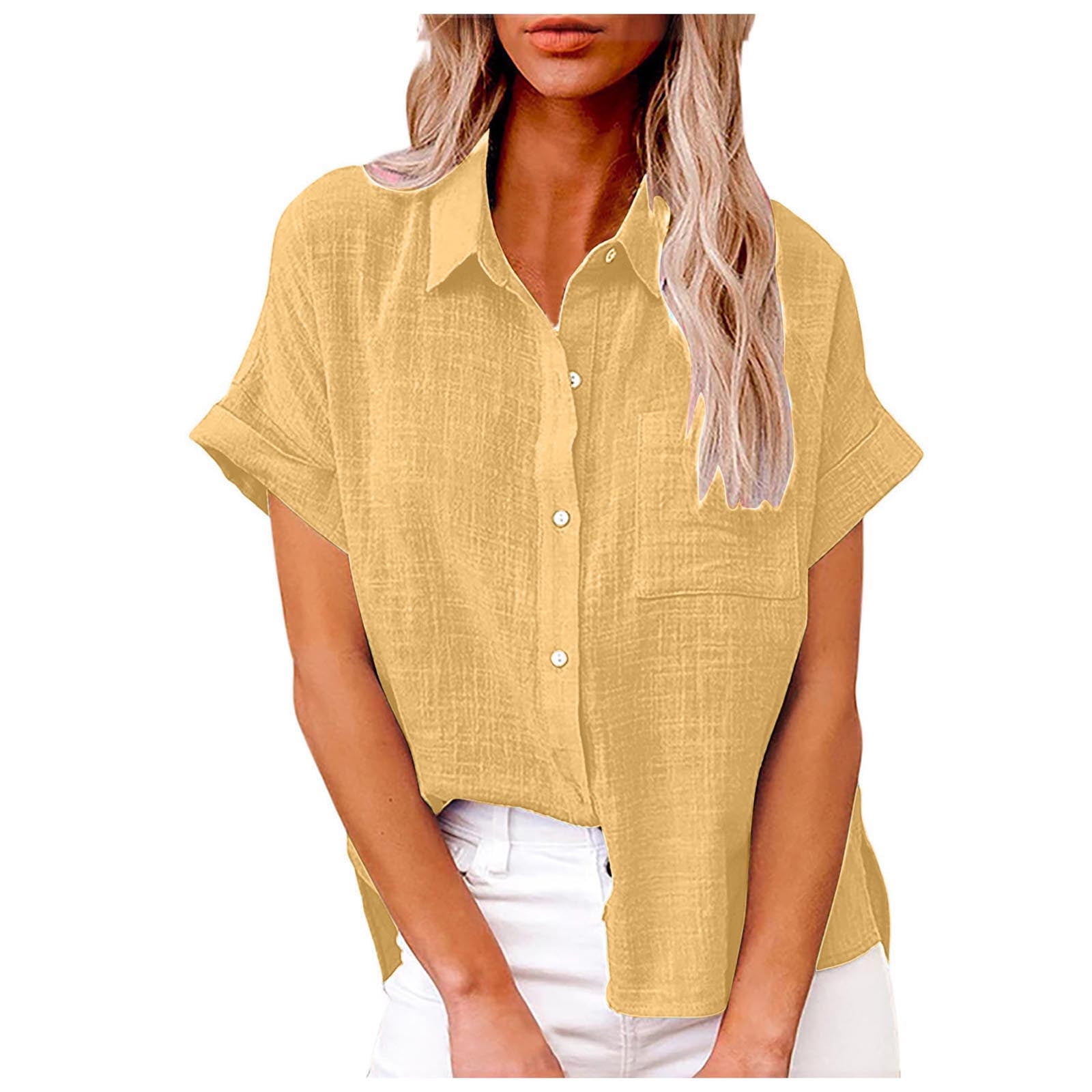 FEIFLY Women Blouse Casual Solid Color Linen Shirt Short Sleeve Casual ...