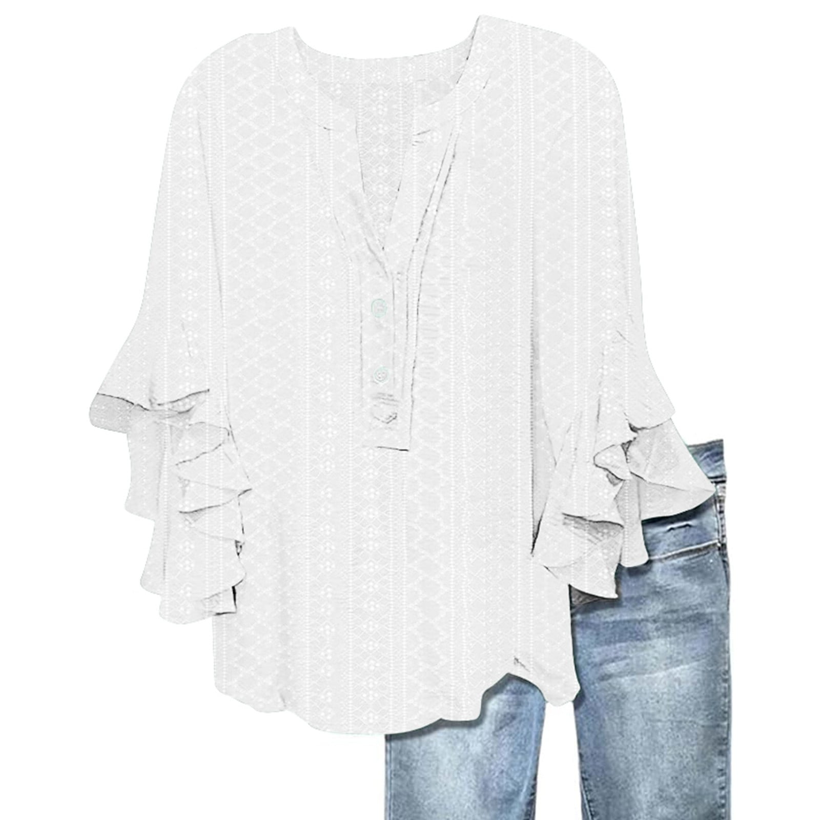 FEIFLY Women Blouse Casual V Neck Solid Color Hollow Three Quarter Leaf ...