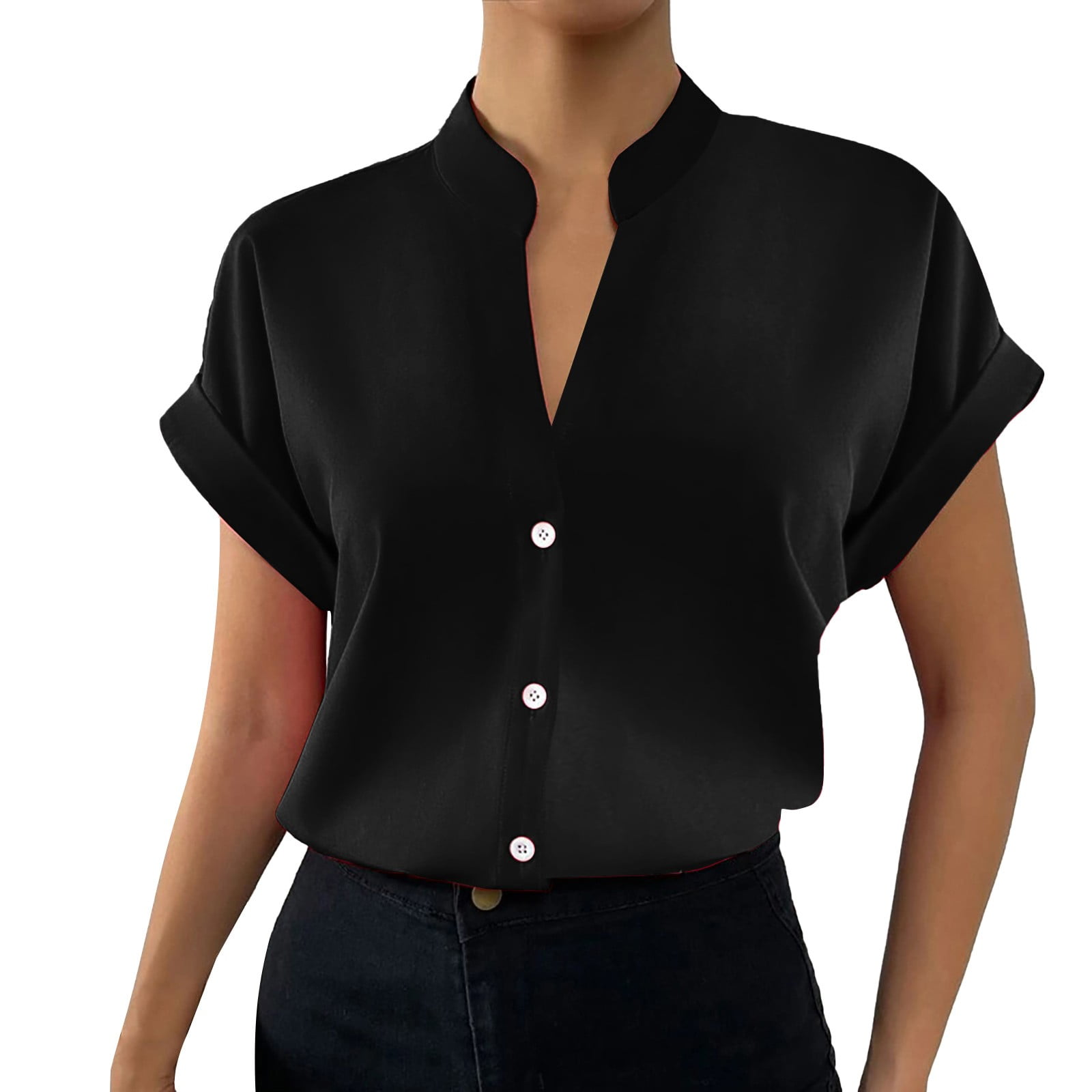 FEIFLY Women Blouse Fashion Simple V Neck Solid Color Button Short ...
