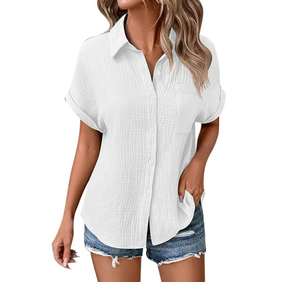 FEIFLY Women Blouse Fashion Solid Color Lapel Button Short Sleeve ...