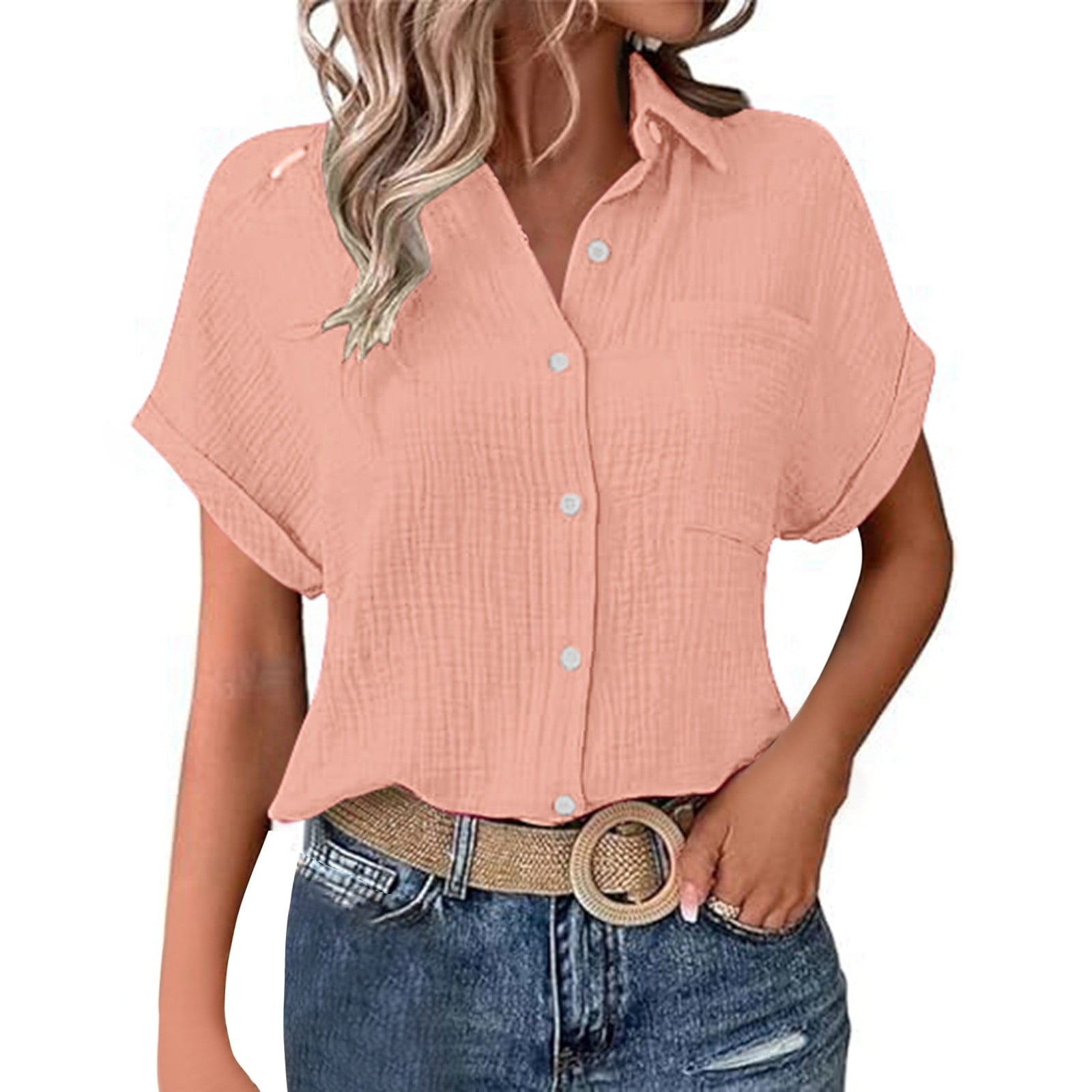 FEIFLY Women Blouse Fashionable Casual Solid Color Bat Sleeve Button ...