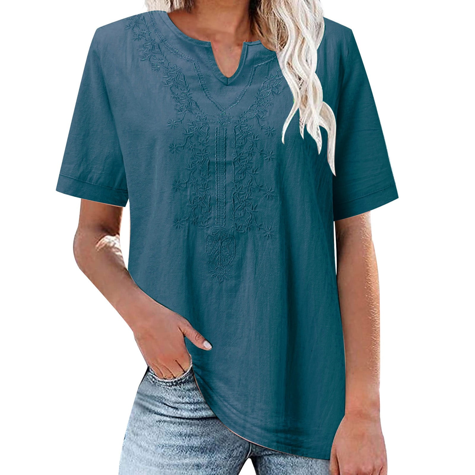 FEIFLY Women Blouse Solid Color Linen Fashion V Neck Embroidered ...