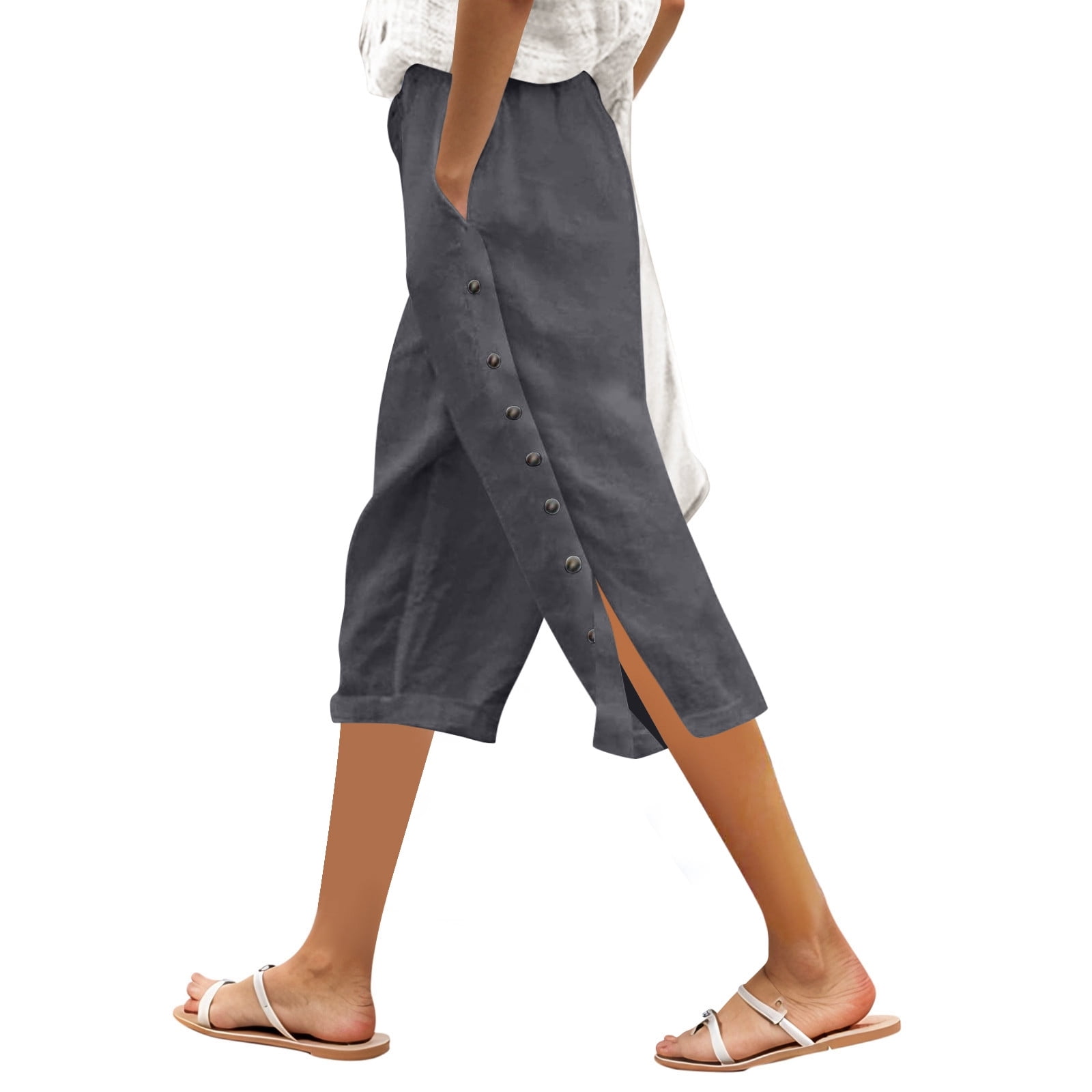 FEIFLY Women Calf Length Pants Solid Color Elastic Waist Loose Fit Side ...