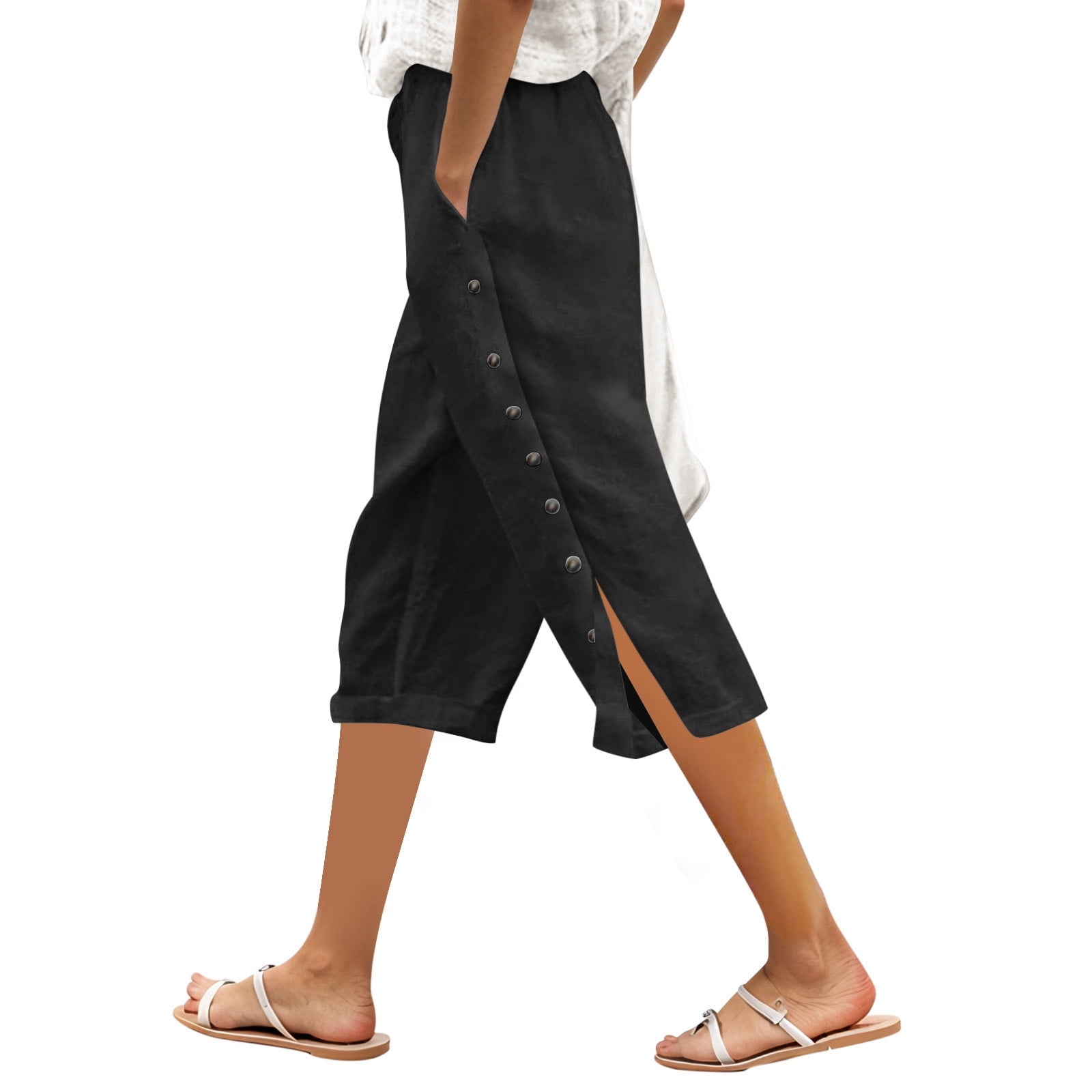 FEIFLY Women Calf Length Pants Solid Color Elastic Waist Loose Fit Side ...