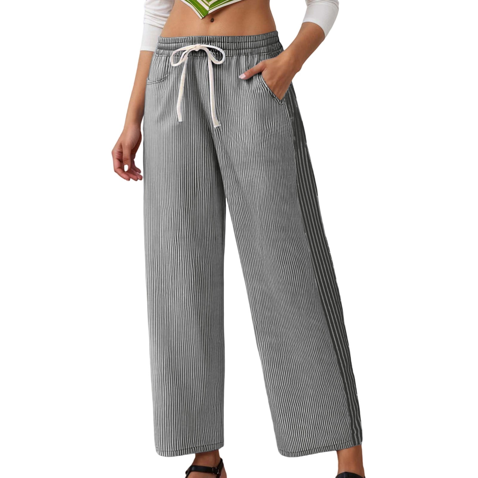 FEIFLY Women Casual Pants Relaxed Fit Striped Drawstring Solid Color ...