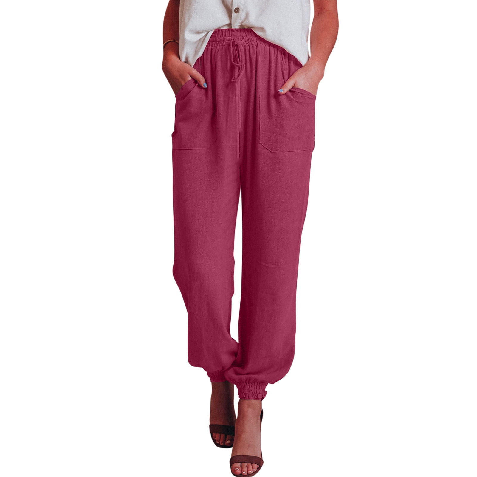 FEIFLY Women Casual Trousers Solid Color Stitching Pocket Lace-Up Pants ...