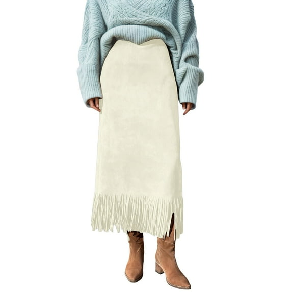 FEIFLY Women Elegant Fringe Midi Skirt Fashion Flowy Boho A-Line Knee ...