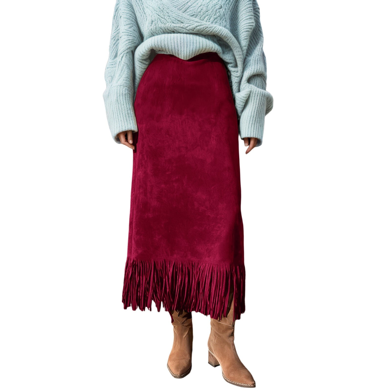 FEIFLY Women Elegant Fringe Midi Skirt Fashion Flowy Boho A-Line Knee ...