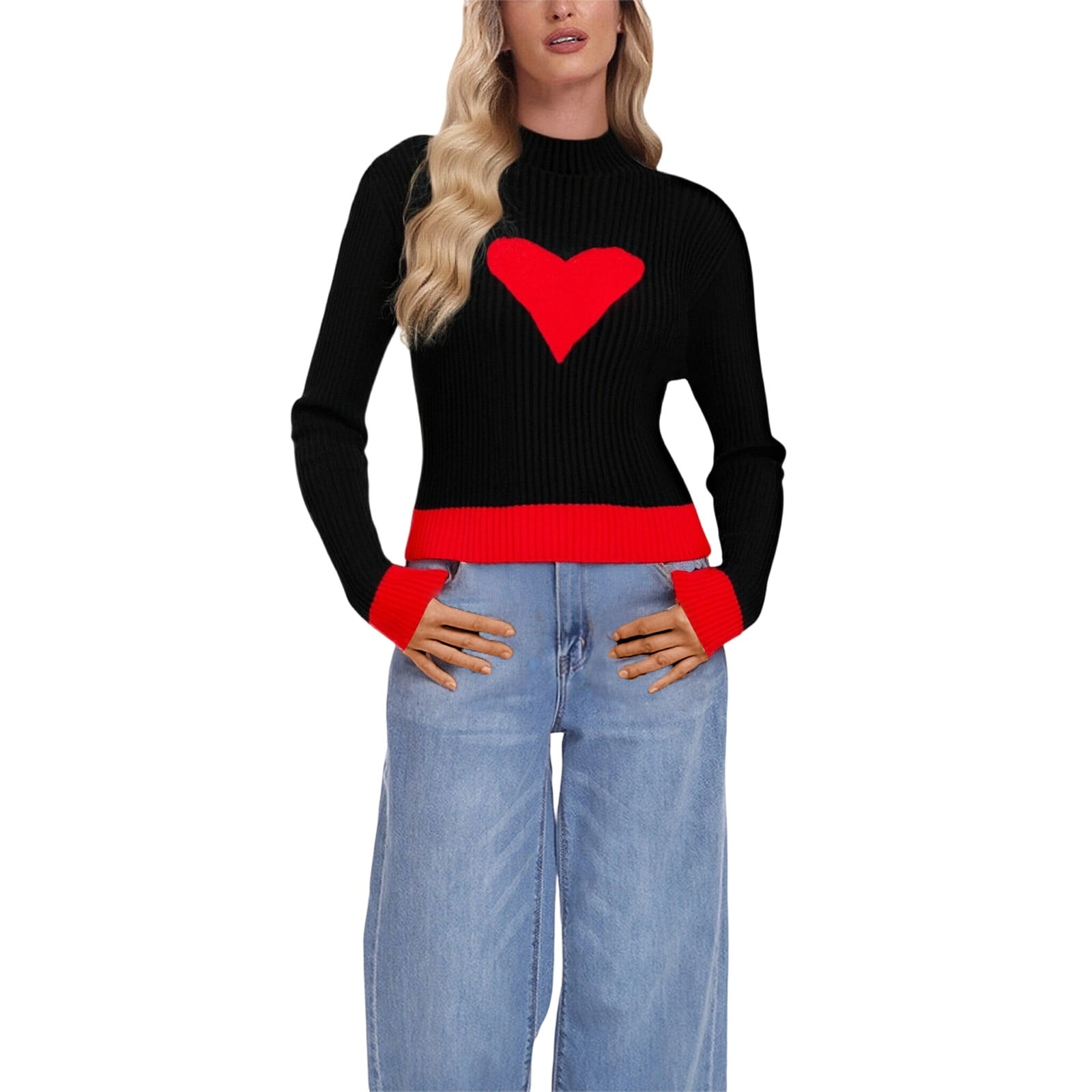 FEIFLY Women Fall Winter High Neck Color Heart Pattern Slim Fit Knitted ...