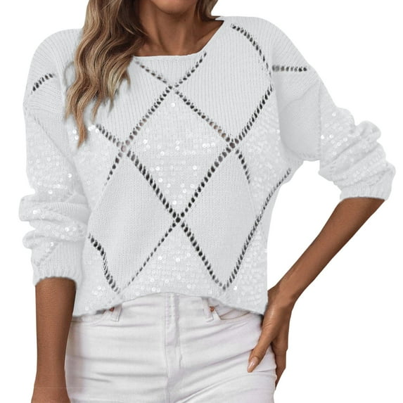 FEIFLY Women Fashion Knit Sweater With Lace Up And Sequins Loose Fit ...