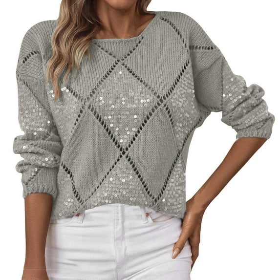 FEIFLY Women Fashion Knit Sweater With Lace Up And Sequins Loose Fit ...