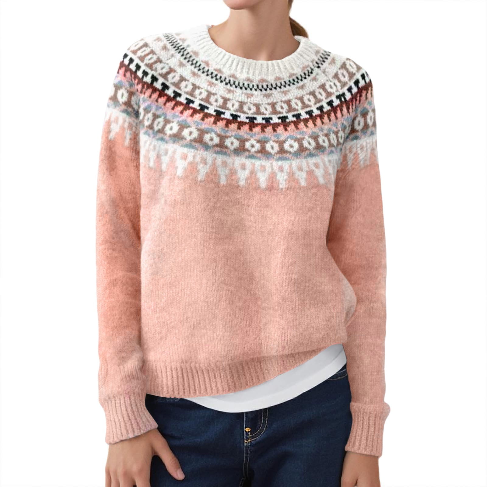 FEIFLY Women Geometric Print Pullover Sweater Color Yarn Knit Crewneck ...