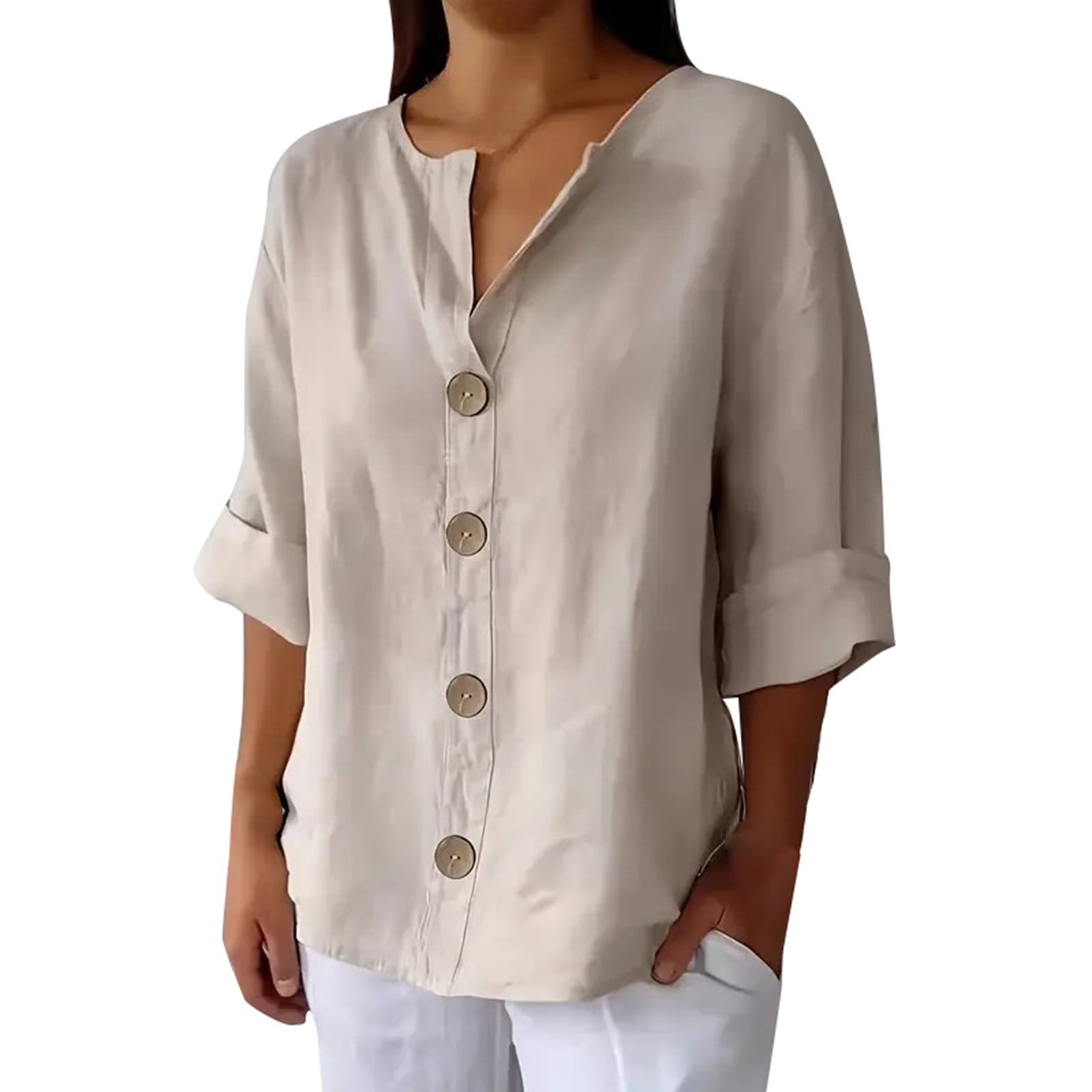 FEIFLY Women Linen Shirt Button Down V Neck Solid Color Blouse 3/4 ...