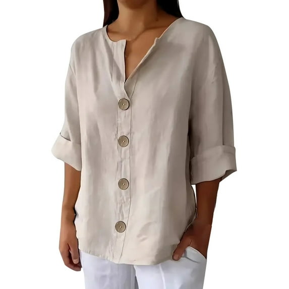 FEIFLY Women Linen Shirt Button Down V Neck Solid Color Blouse 3/4 ...