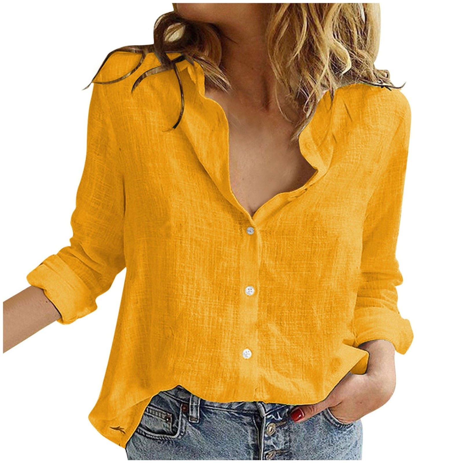 FEIFLY Women Loose Button Solid Color Lapel Long Sleeve T Shirt Blouse ...
