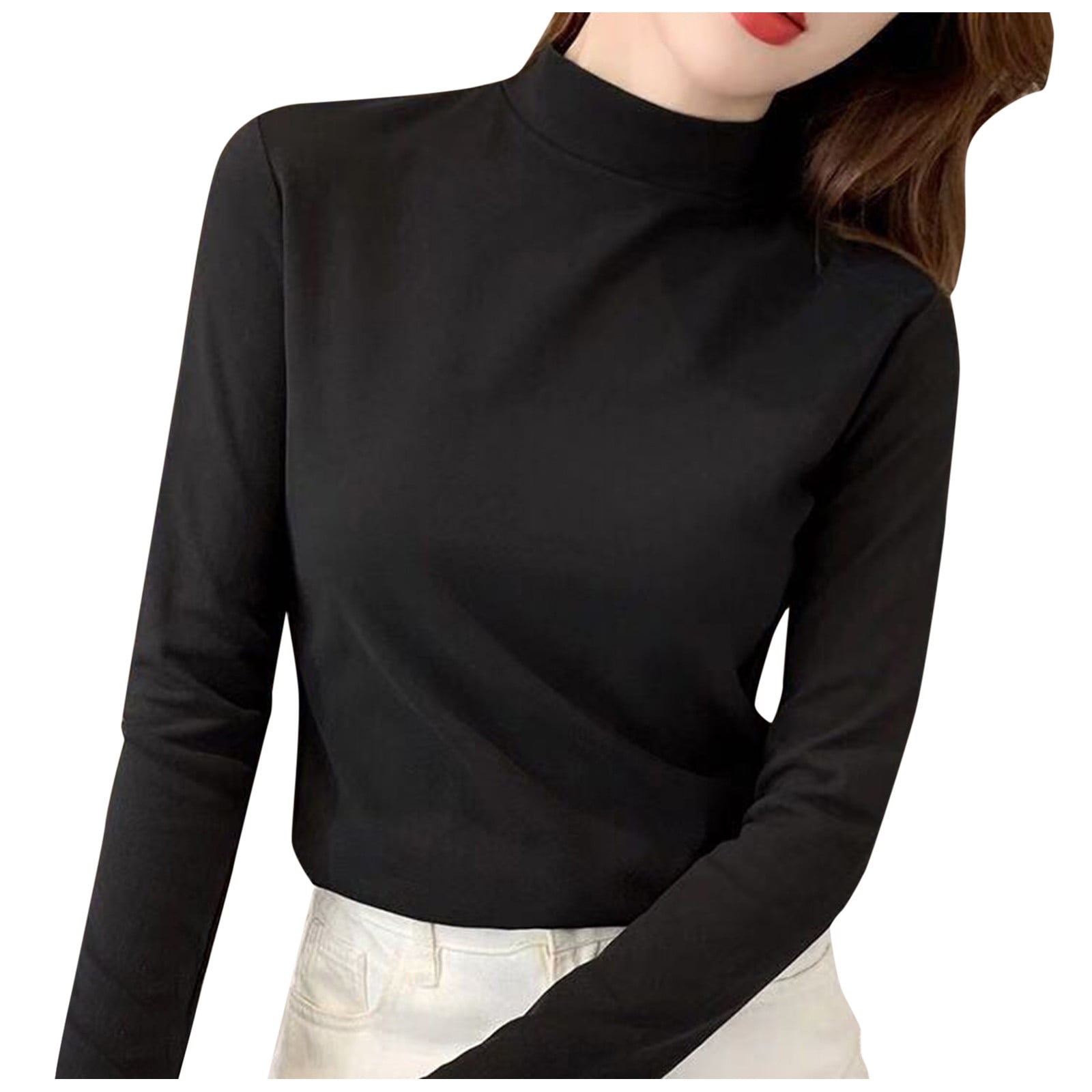 FEIFLY Women Semi Turtleneck Thermal Slim Fit Long Sleeve Tops Stretch ...