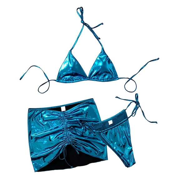 FEIFLY Women Solid Color Bikini Sets Blue Tummy Control Slim Shiny ...