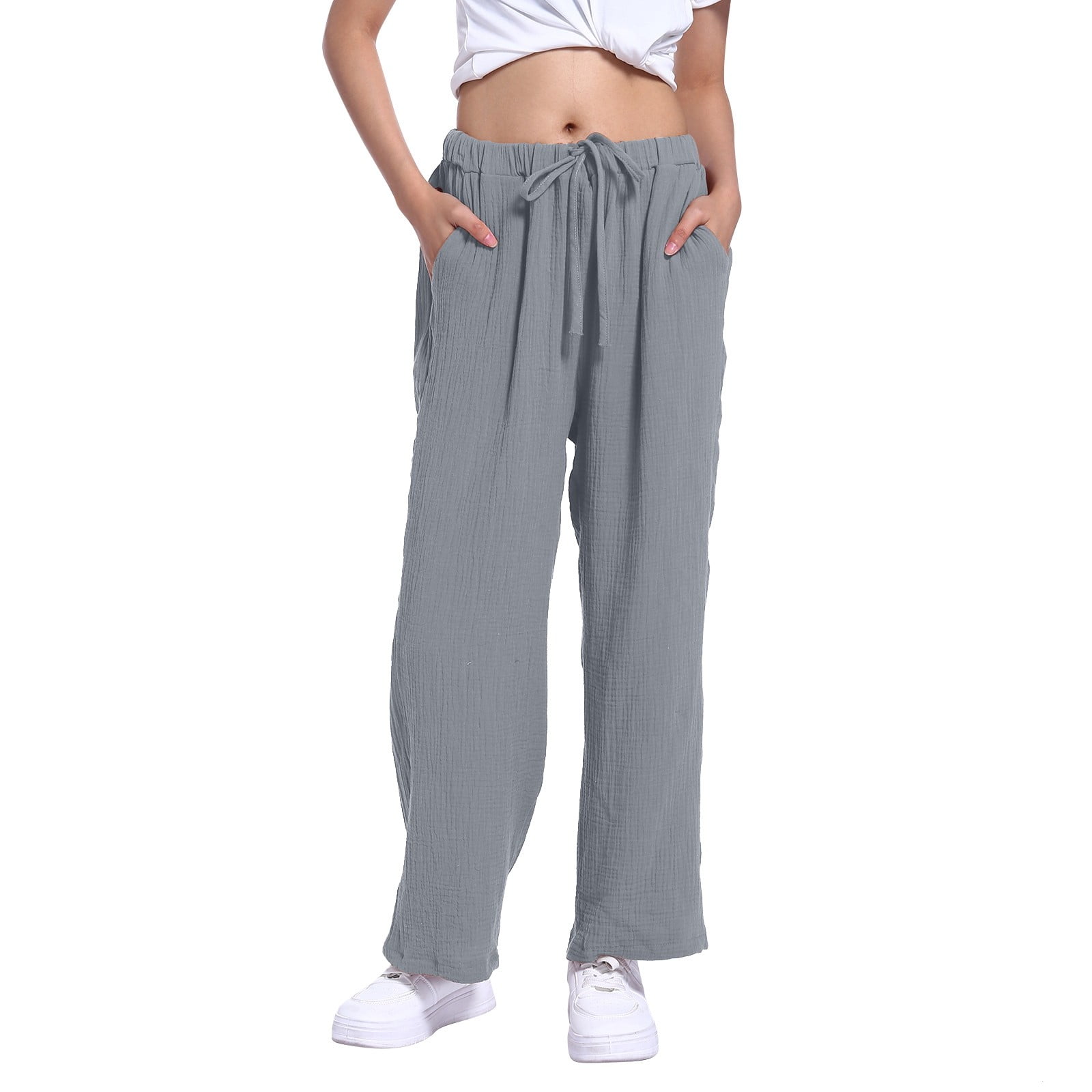 FEIFLY Women Solid Color Casual Pants With Drawstring Waist And Pleated ...