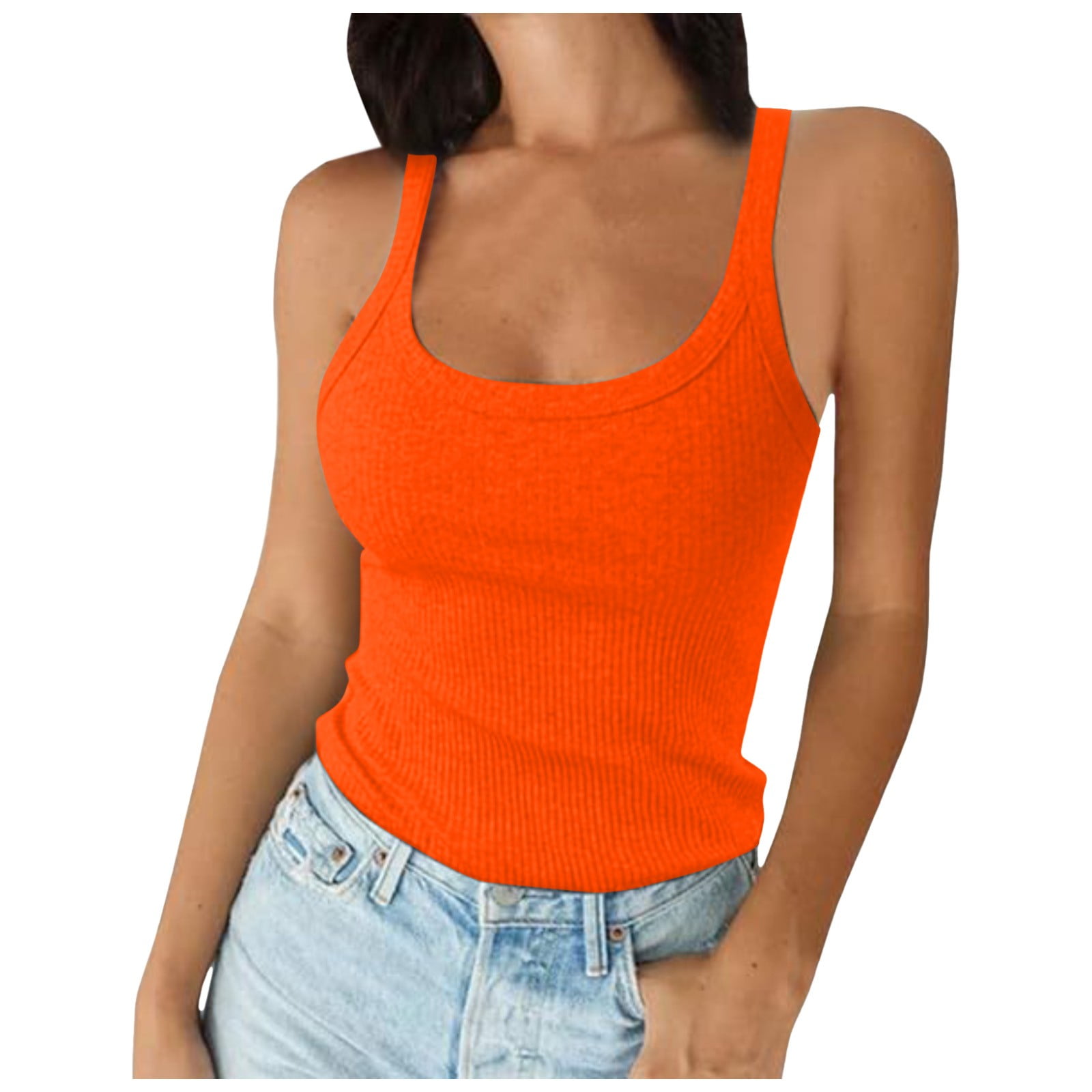 FEIFLY Women Spaghetti Strap Scoop Neck Ribbed Tank Tops Slim Fitted ...