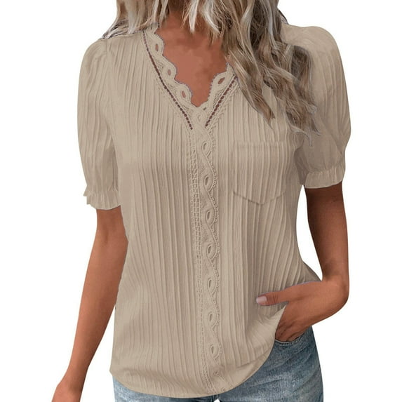 FEIFLY Women Spring Summer Lace V-Neck Short Sleeve Pocket Blouse ...