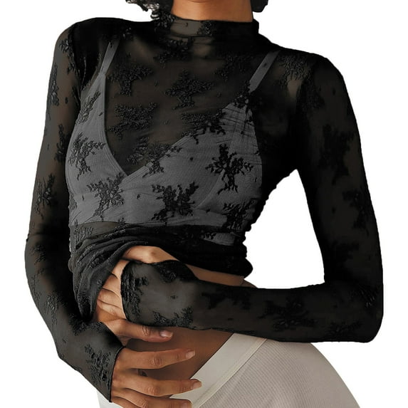 FEIFLY Women T-Shirts Mesh Long Sleeve Layering Tops O-Neck Floral ...