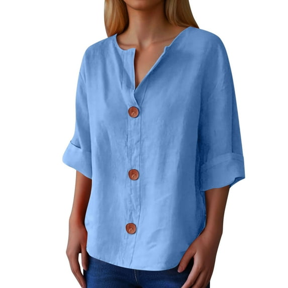FEIFLY Women V Neck Button Mid Sleeve Down Shirt Casual Blouse Daily ...