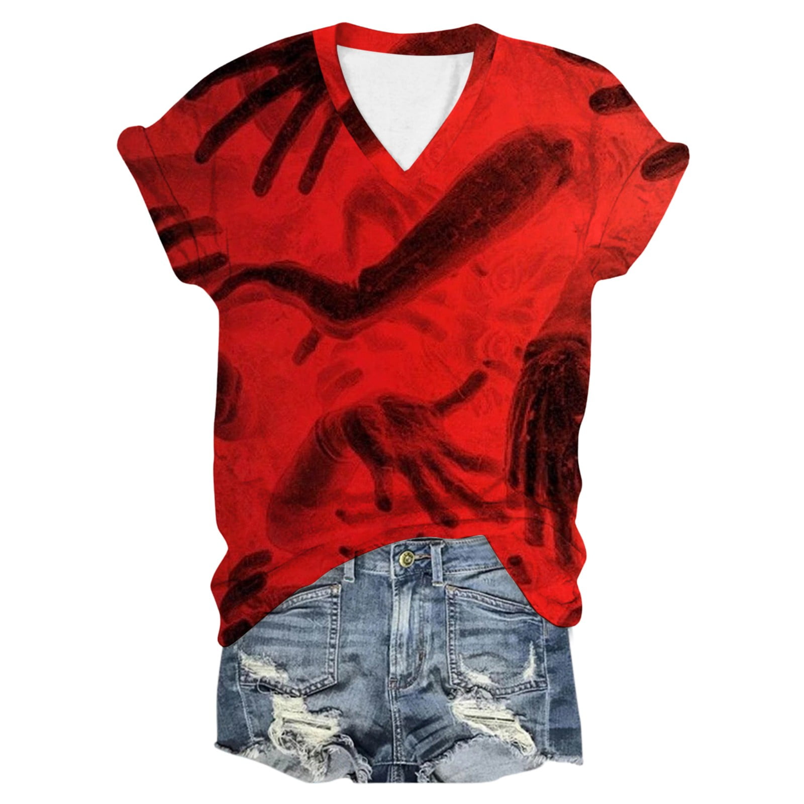 FEIFLY Women V-Neck T Shirt Halloween Splatter T-Shirts Short Sleeve ...